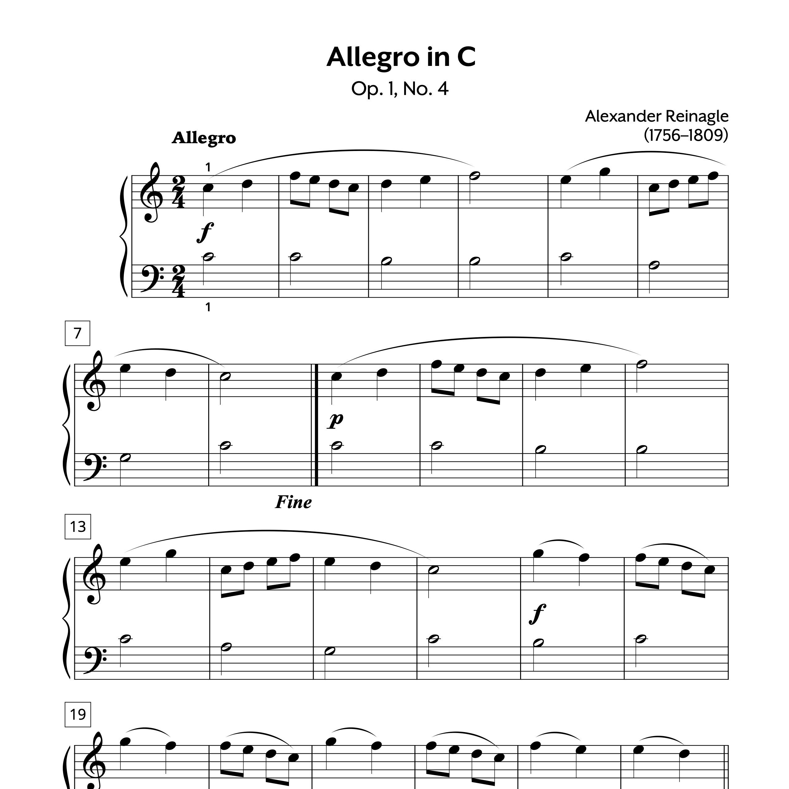 Allegro in C, Op. 1, No. 4 Piano Sheet Music | Reinagle