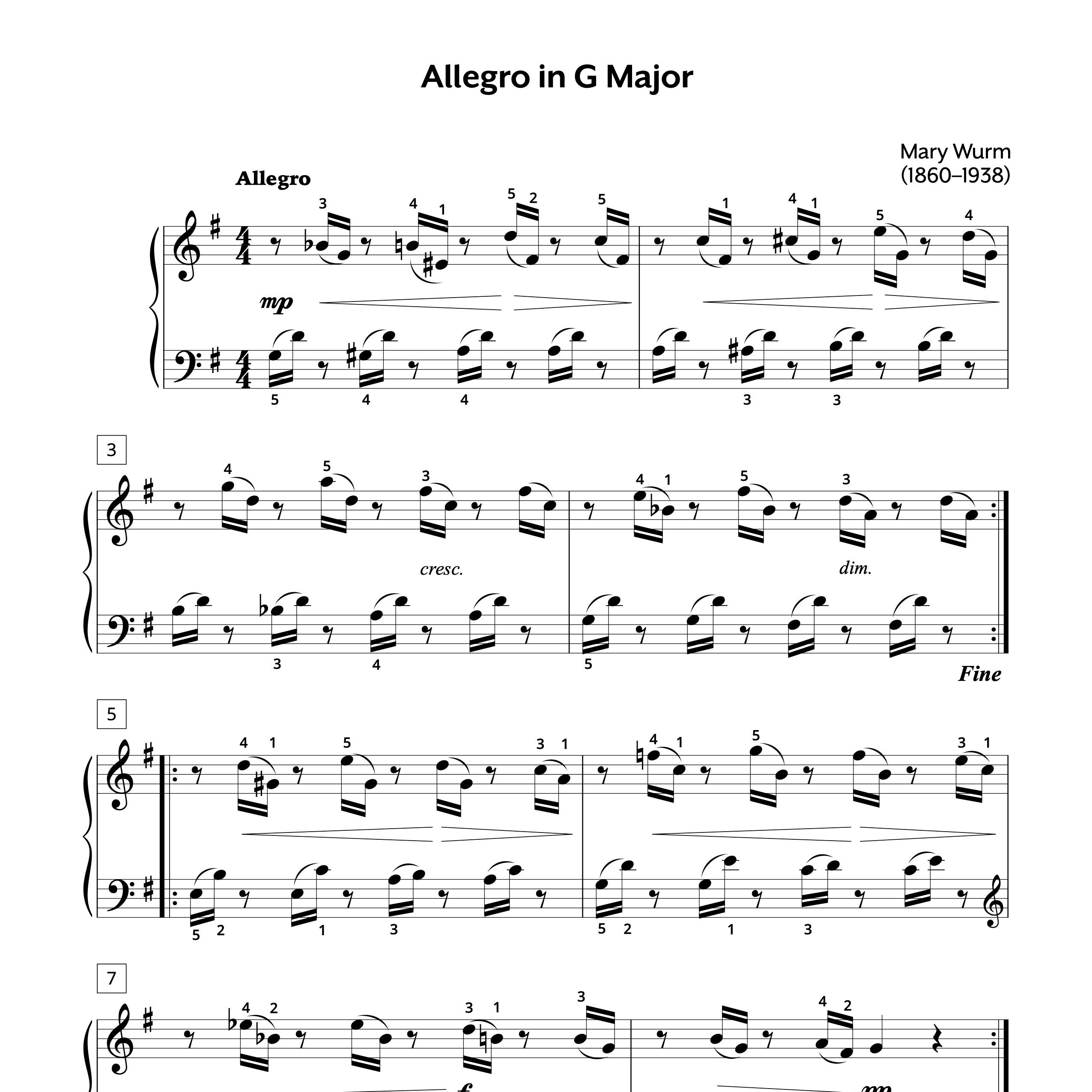 Piano Sheet Music Mary Wurm Allegro in G Major