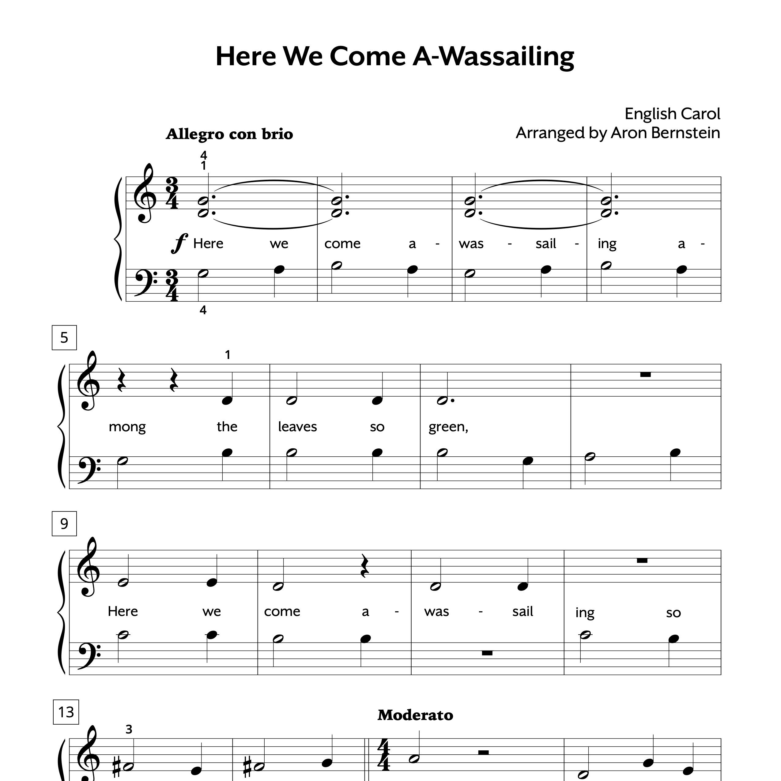 Here We Come A-Wassailing Sheet Music for Piano | Easy