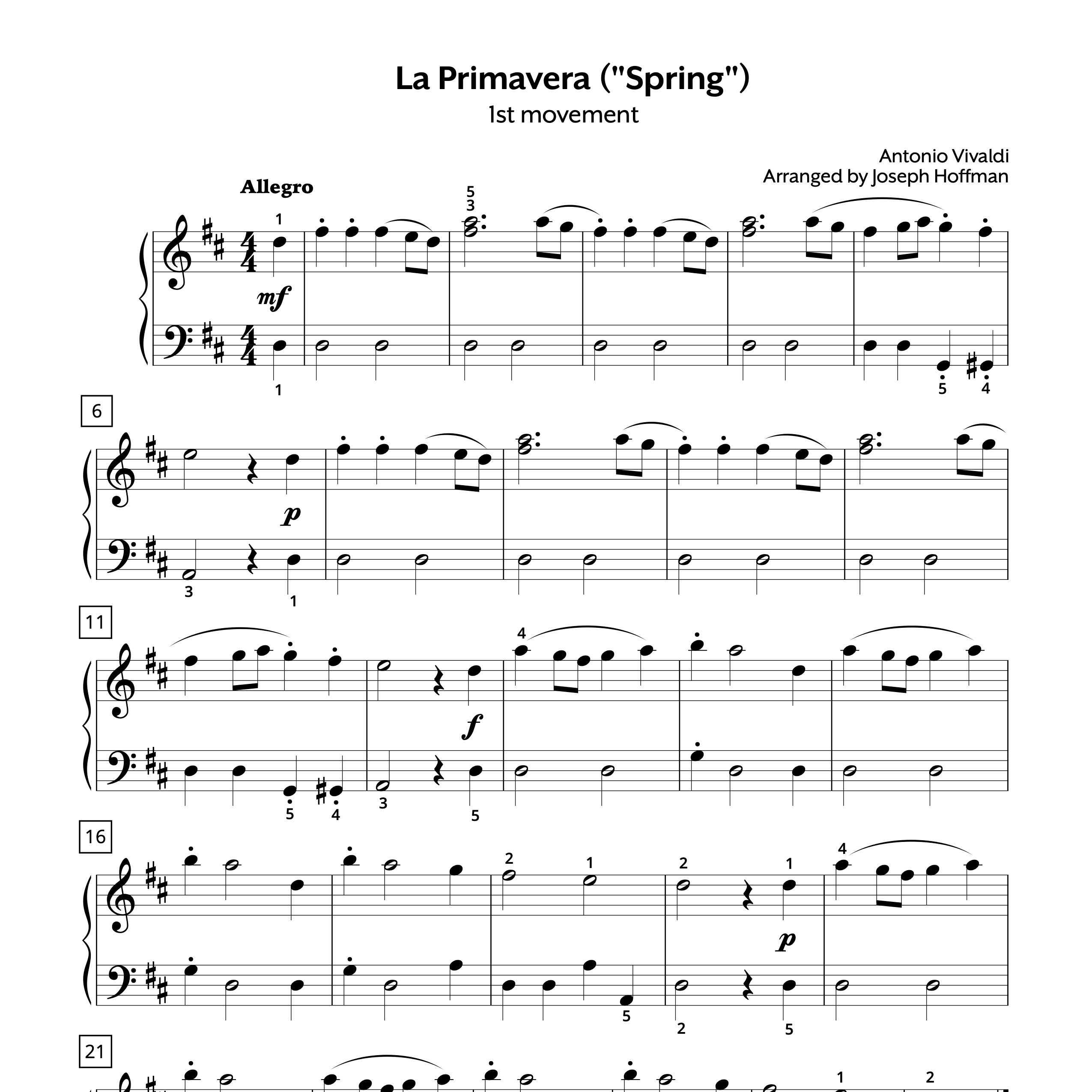 Free Piano Sheet Music | La Primavera | Antonio Vivaldi | The Four Seasons
