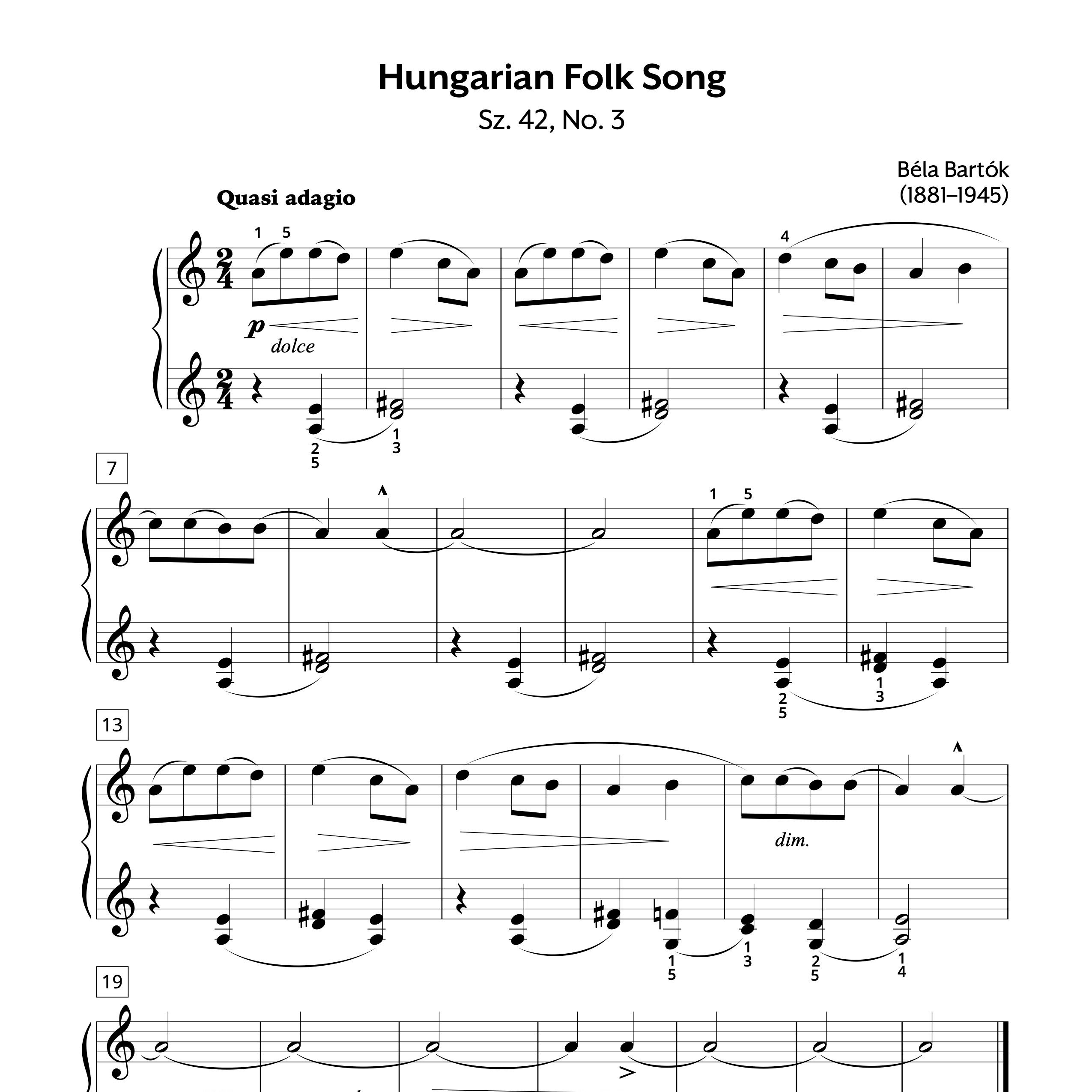Piano Sheet Music | Bartók | Hungarian Folk Song, Sz. 42, No. 3