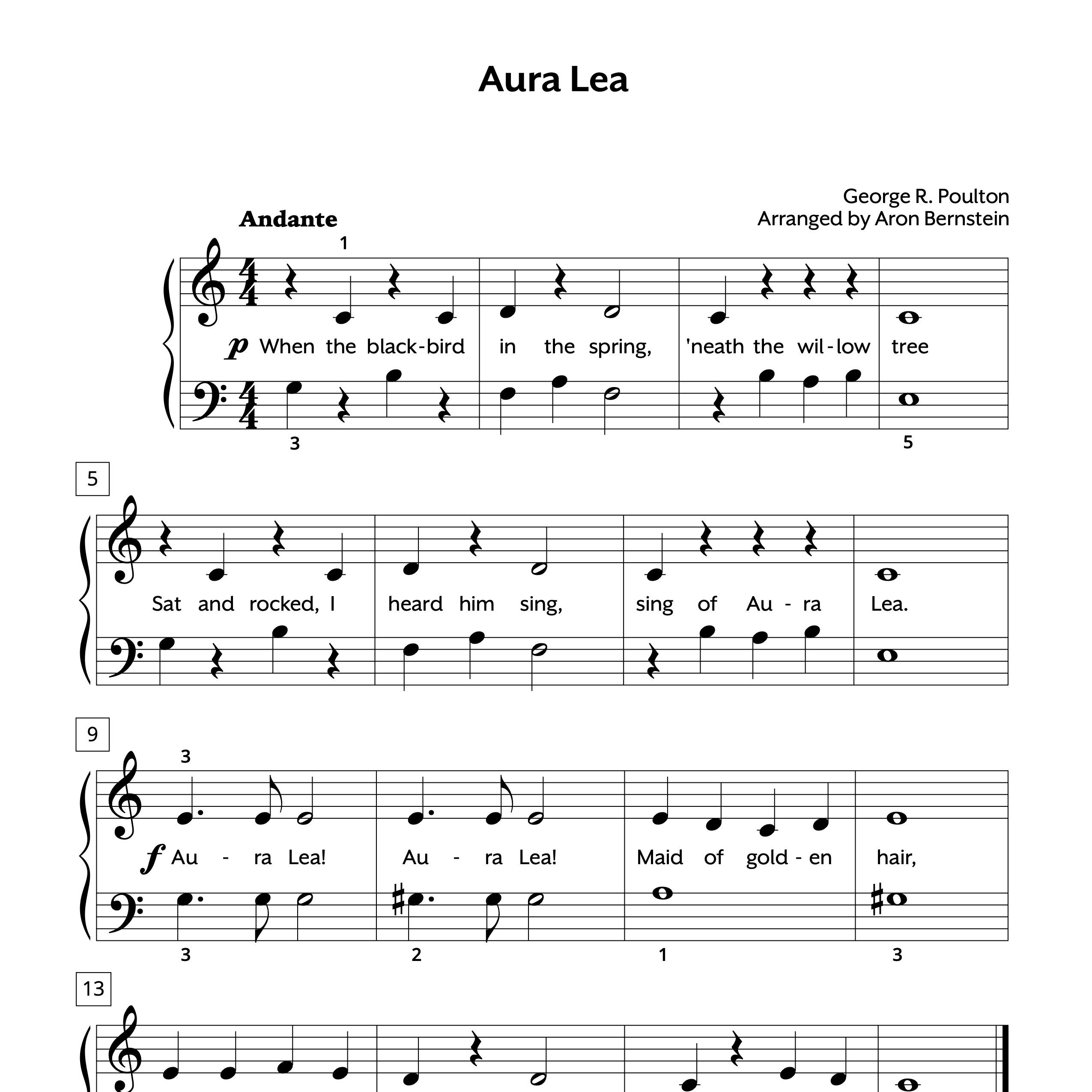 Aura Lea Piano Sheet Music by Poulton | Easy Version