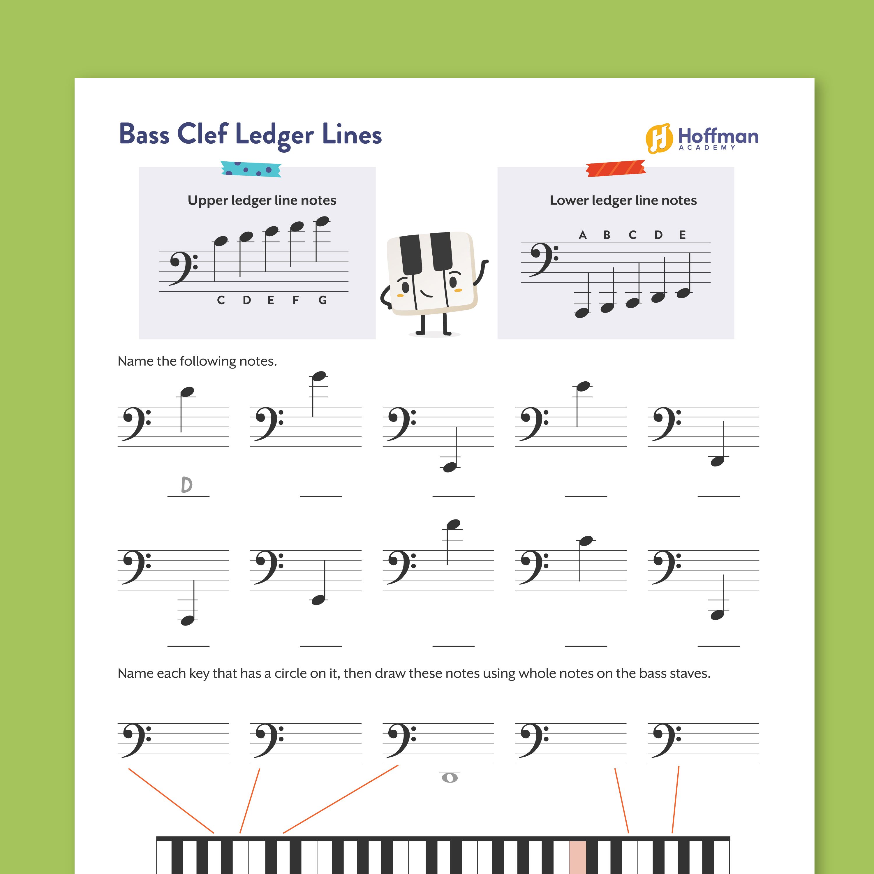Bass Clef Ledger Lines & Notes Activity Sheet | Printable