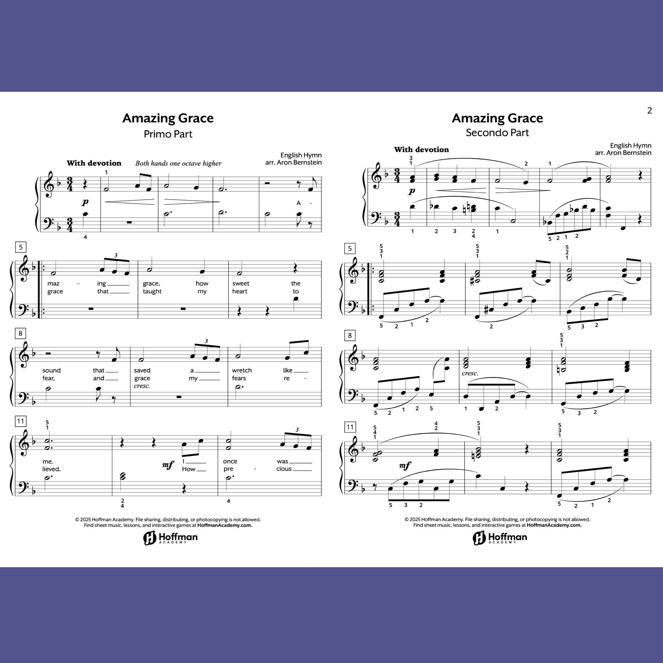 Amazing Grace Duet Sheet Music | 3 PDF Pages, Multi-Level