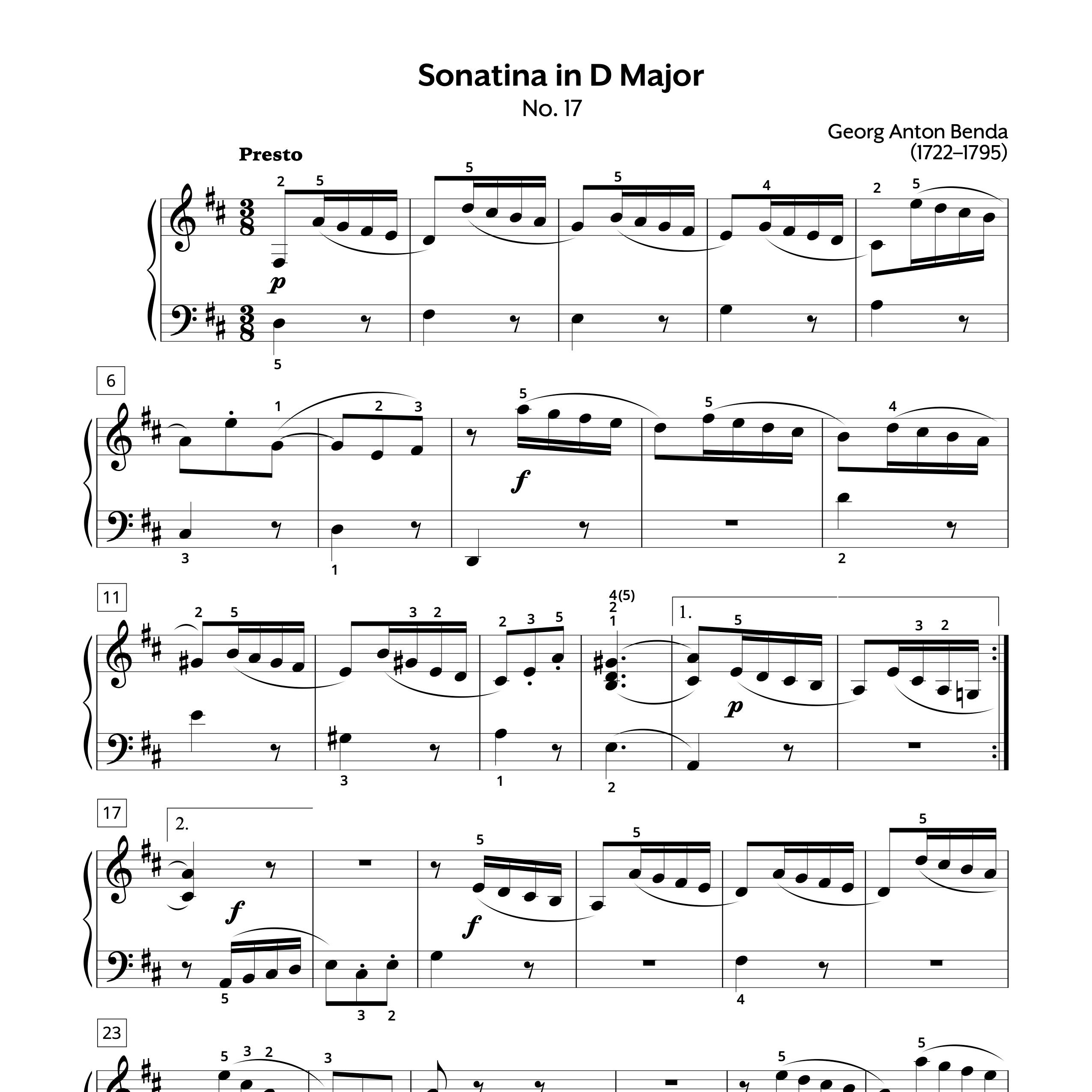 Piano Sheet Music | Anton Benda | Sonatina No. 17 in D Major