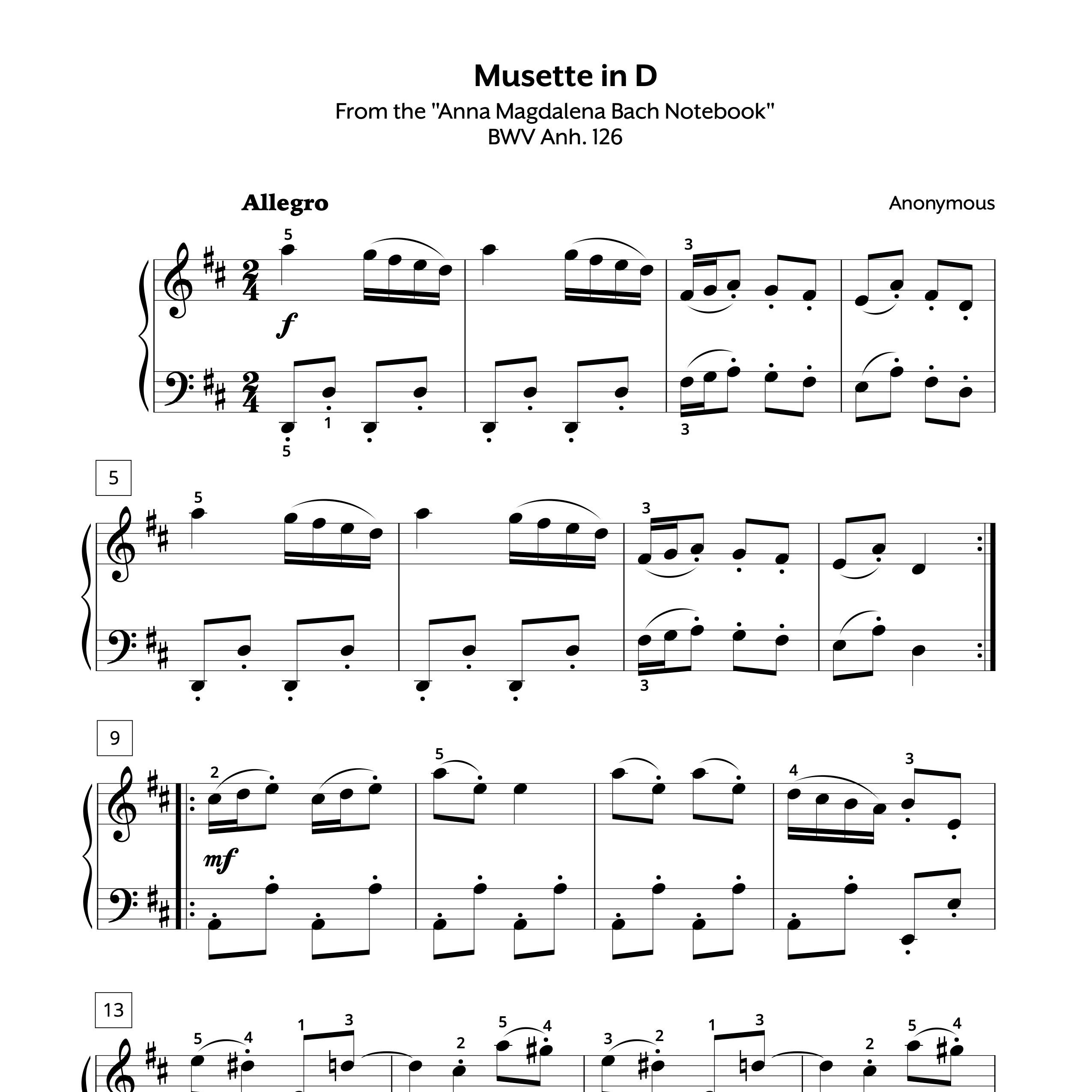 Piano Sheet Music | Musette in D Major, Anh. 126