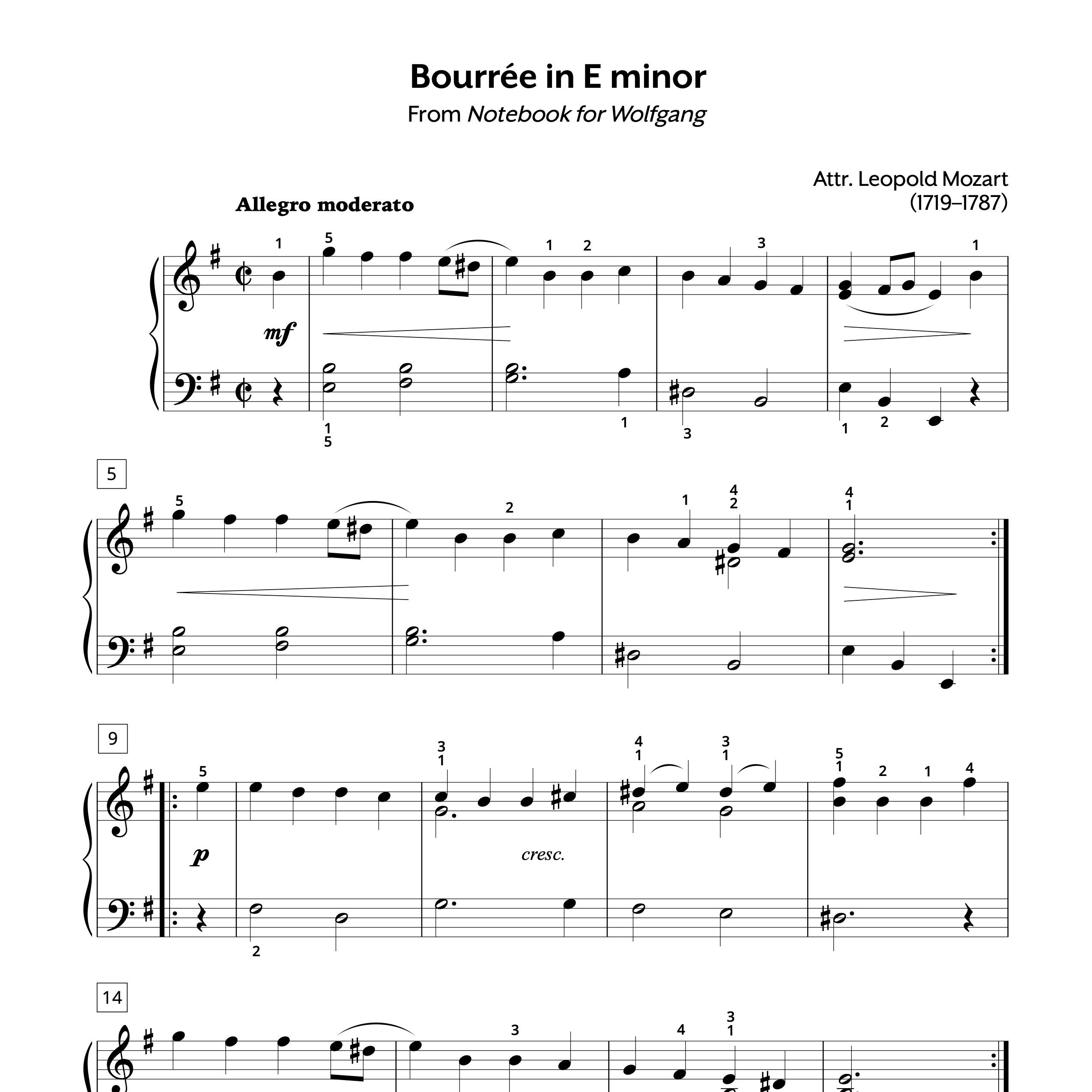 Easy Piano Sheet Music Leopold Mozart Bourée in E minor
