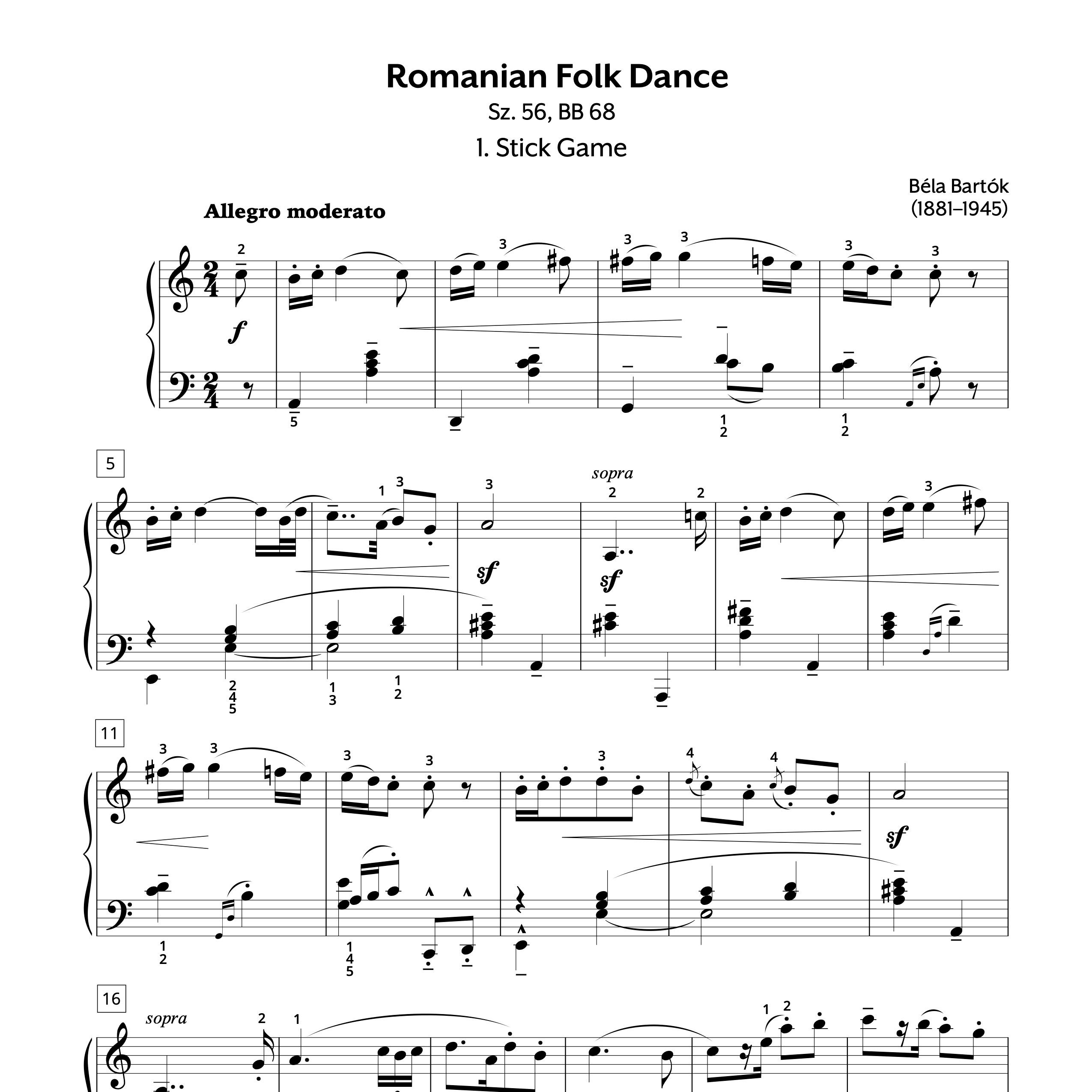 Piano Sheet Music | Bartók | Romanian Folk Dance No. 1