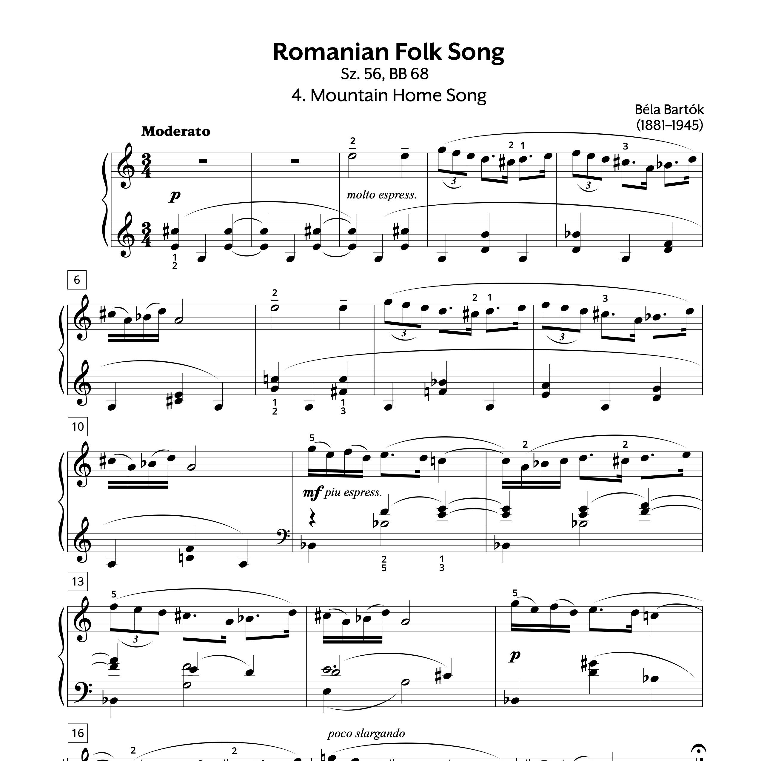 Piano Sheet Music | Bartók | Romanian Folk Dance No. 4