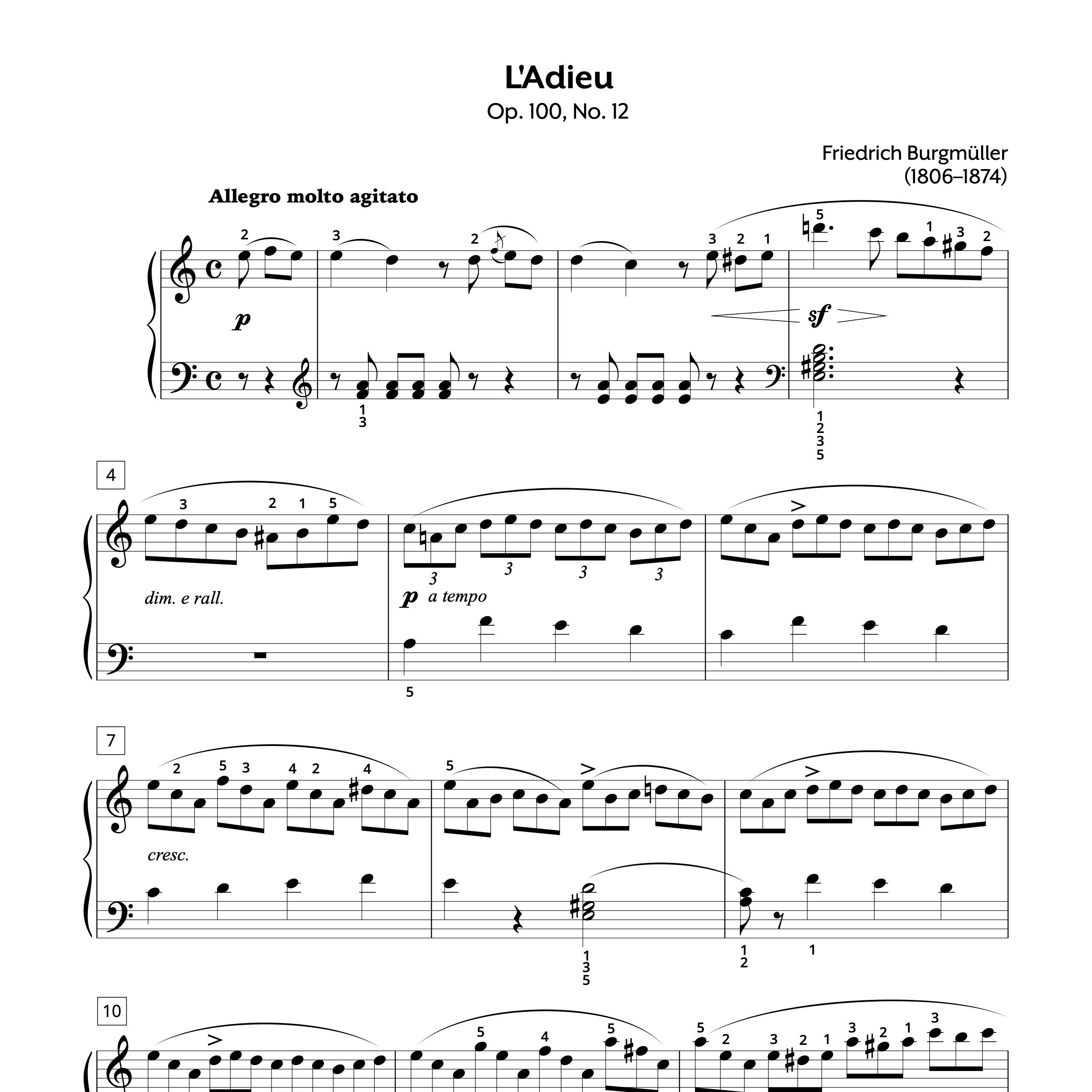 Piano Sheet Music | Burgmüller | L'Adieu, Op. 100, No. 12