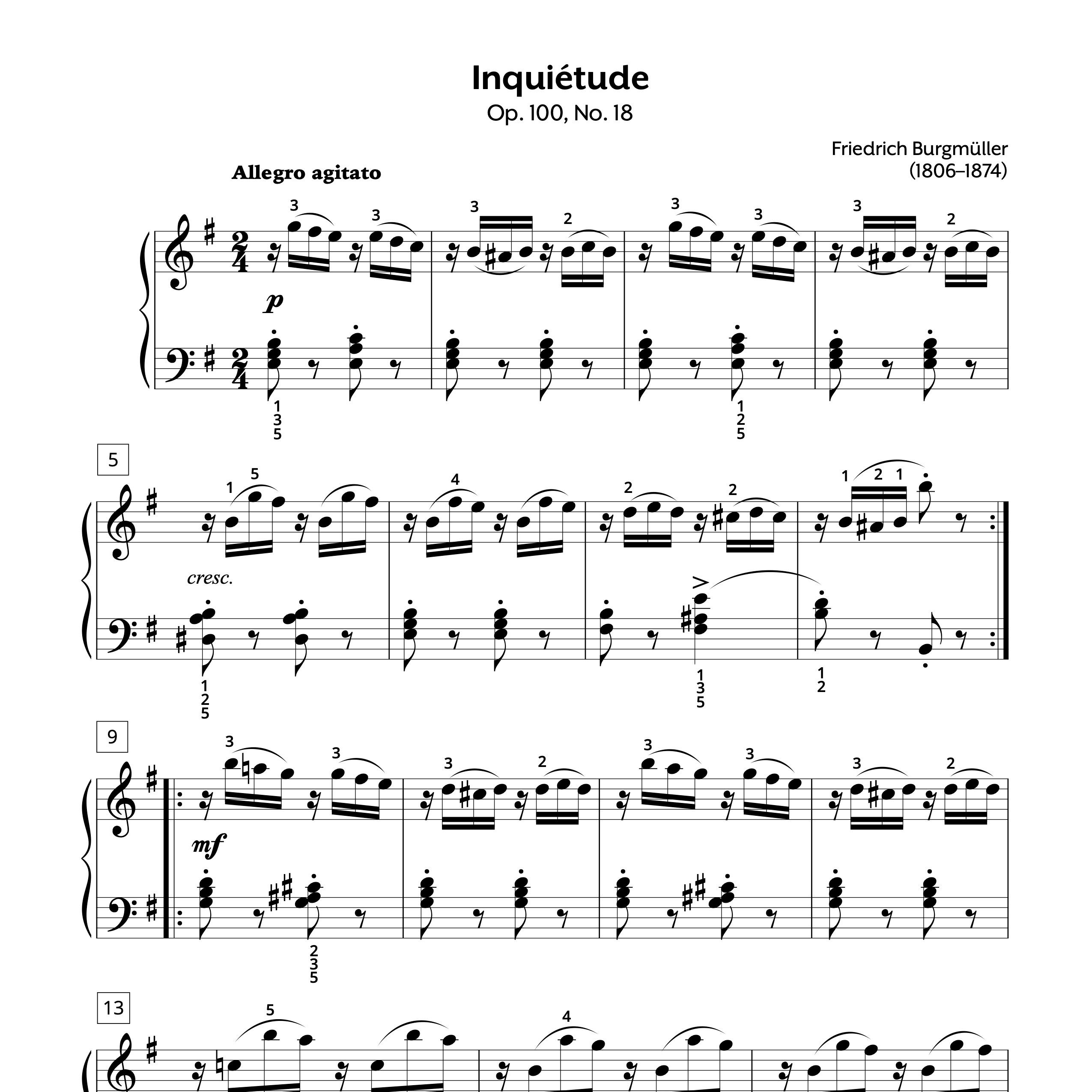 Piano Sheet Music | Burgmüller | Inquiétude, Op. 100, No. 18