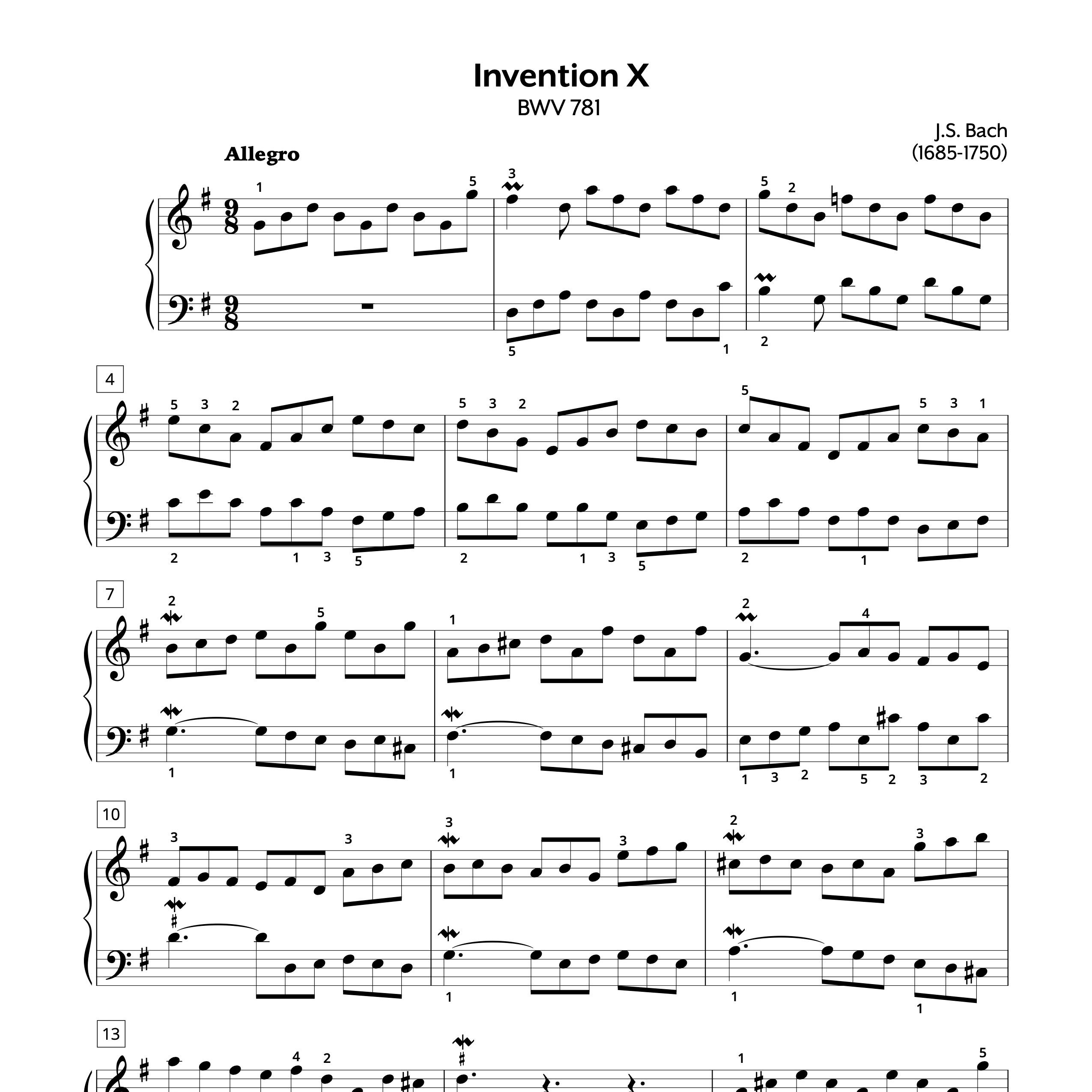 Piano Sheet Music | JS Bach | Two-Part Invention No. 10