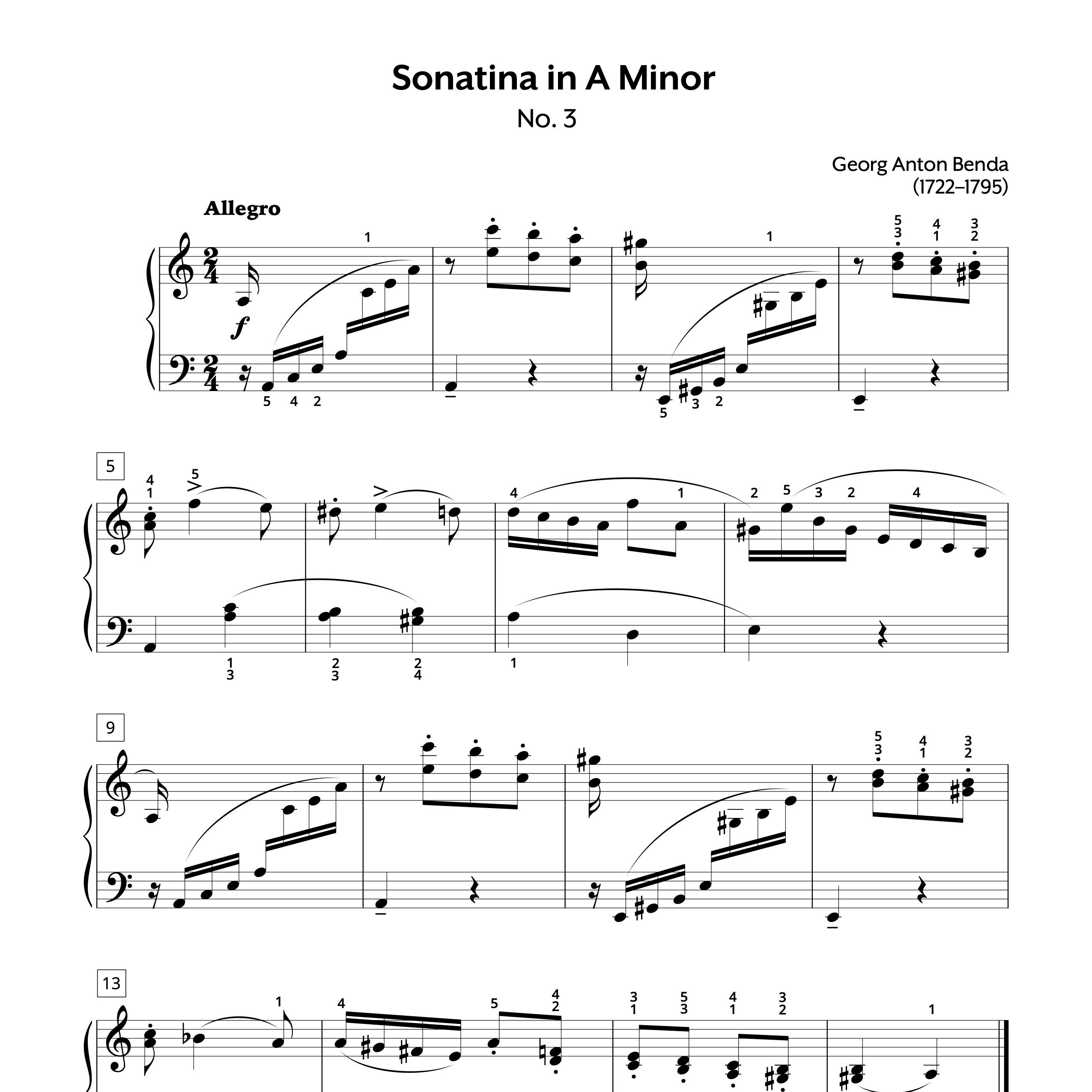 Benda | Sonatina No. 3 in A Minor Sheet Music for Piano